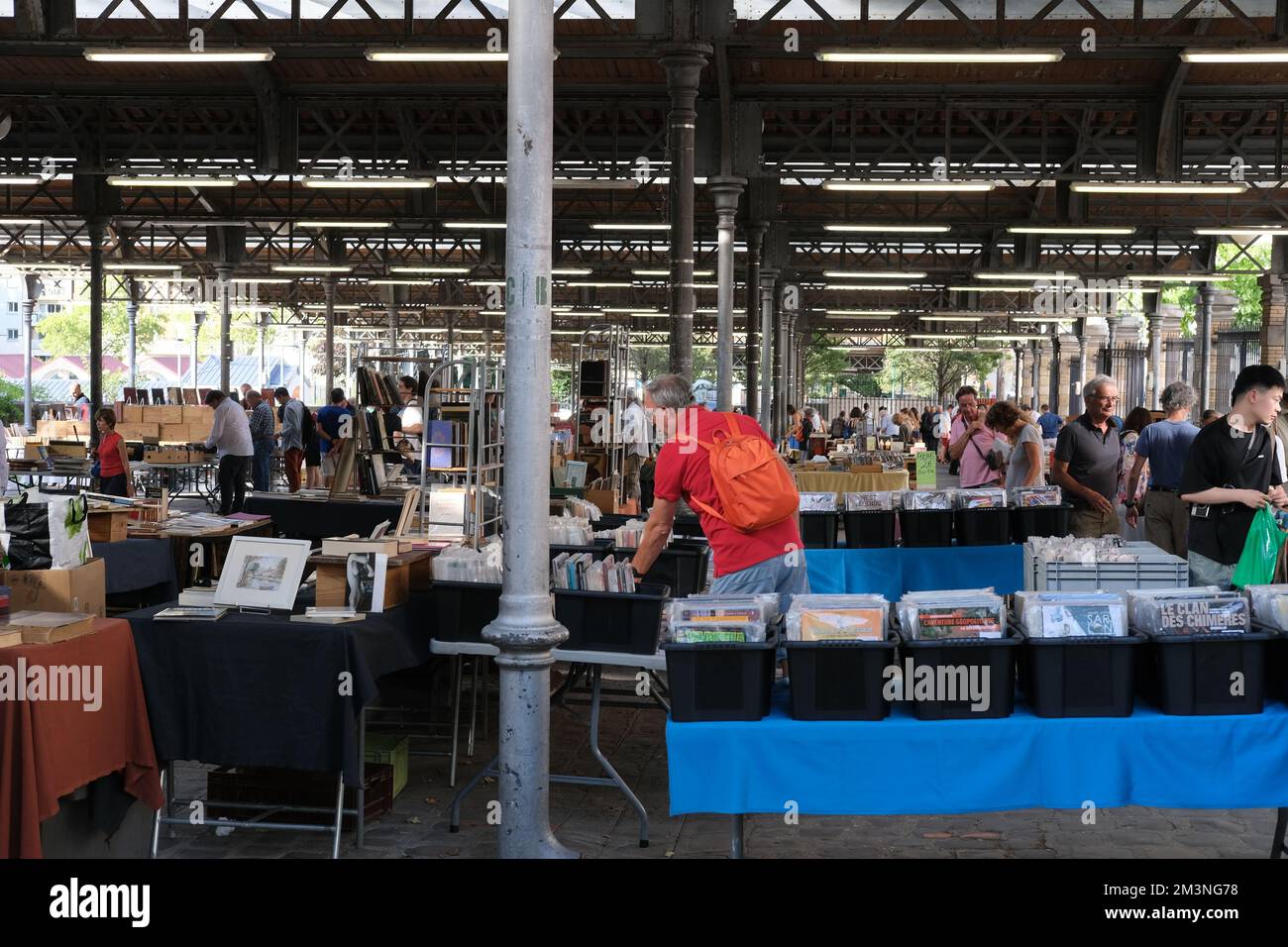 An outdoor book market with people walking around in Paris, France ...