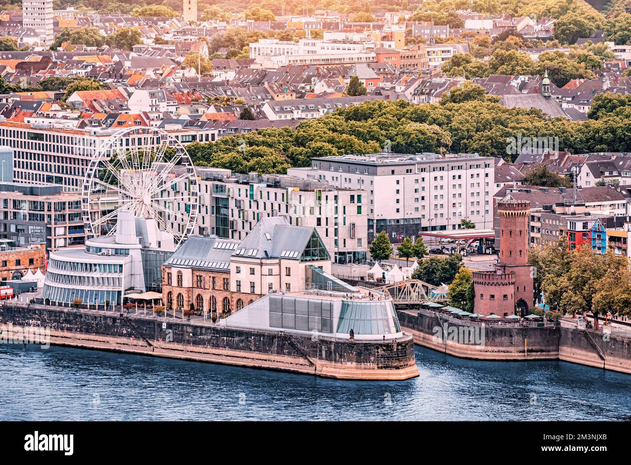 Aerial view of Cologne island at Rhine river with Ferris wheel and ...