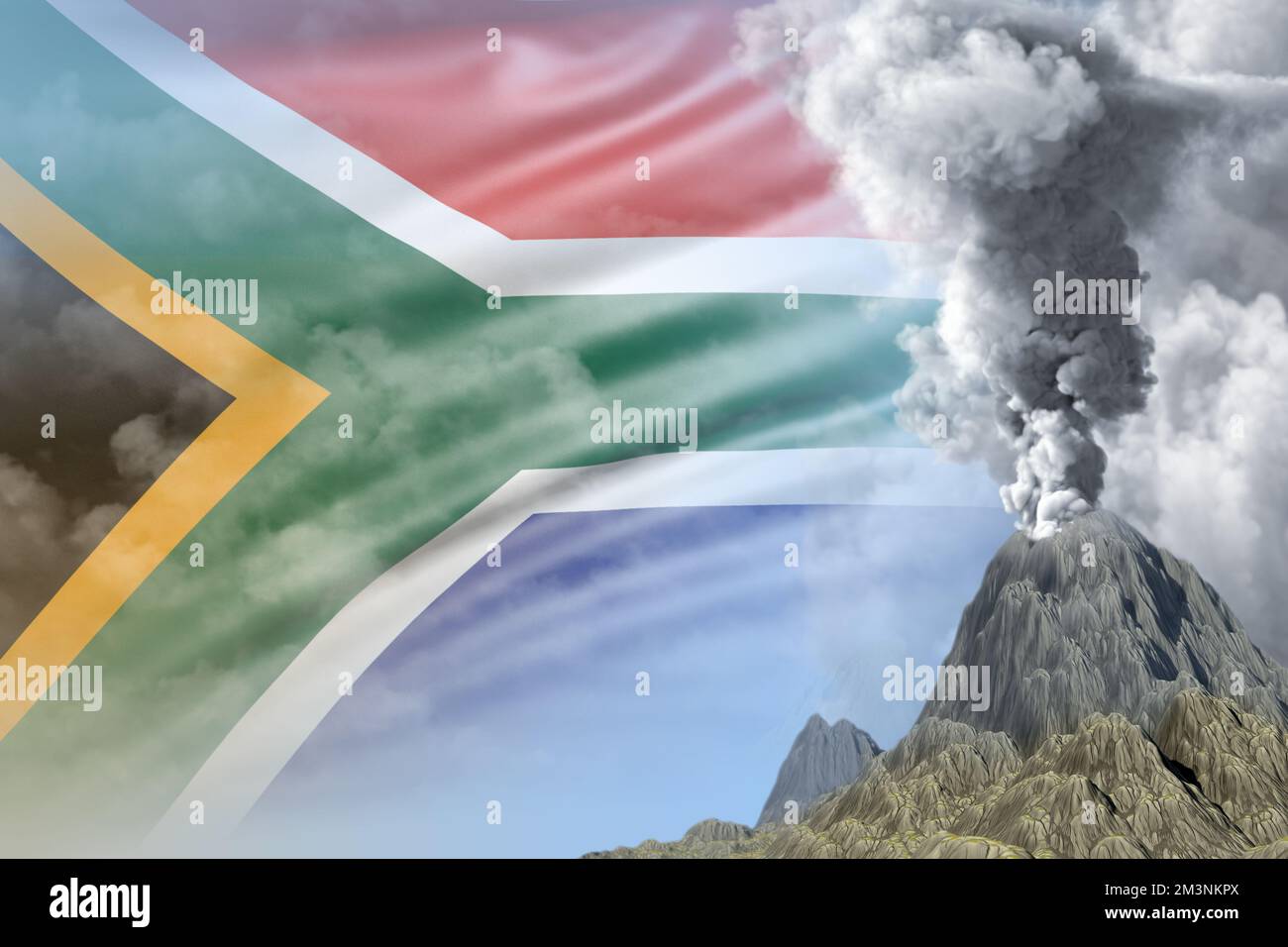 high volcano eruption at day time with white smoke on South Africa flag ...