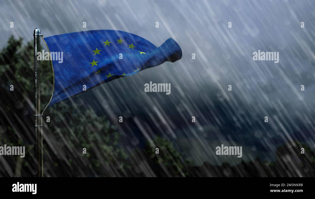 flag of European Union with rain and dark clouds, thunderstorm forecast ...
