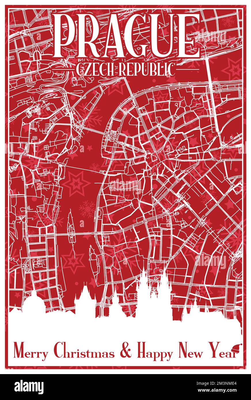 Red vintage hand-drawn Christmas postcard of the downtown PRAGUE, CZECH ...