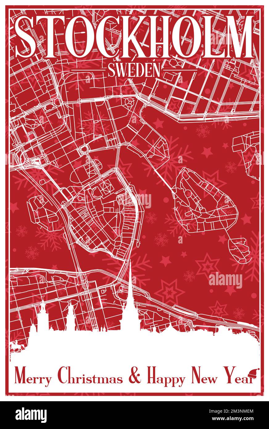 Red vintage hand-drawn Christmas postcard of the downtown STOCKHOLM ...