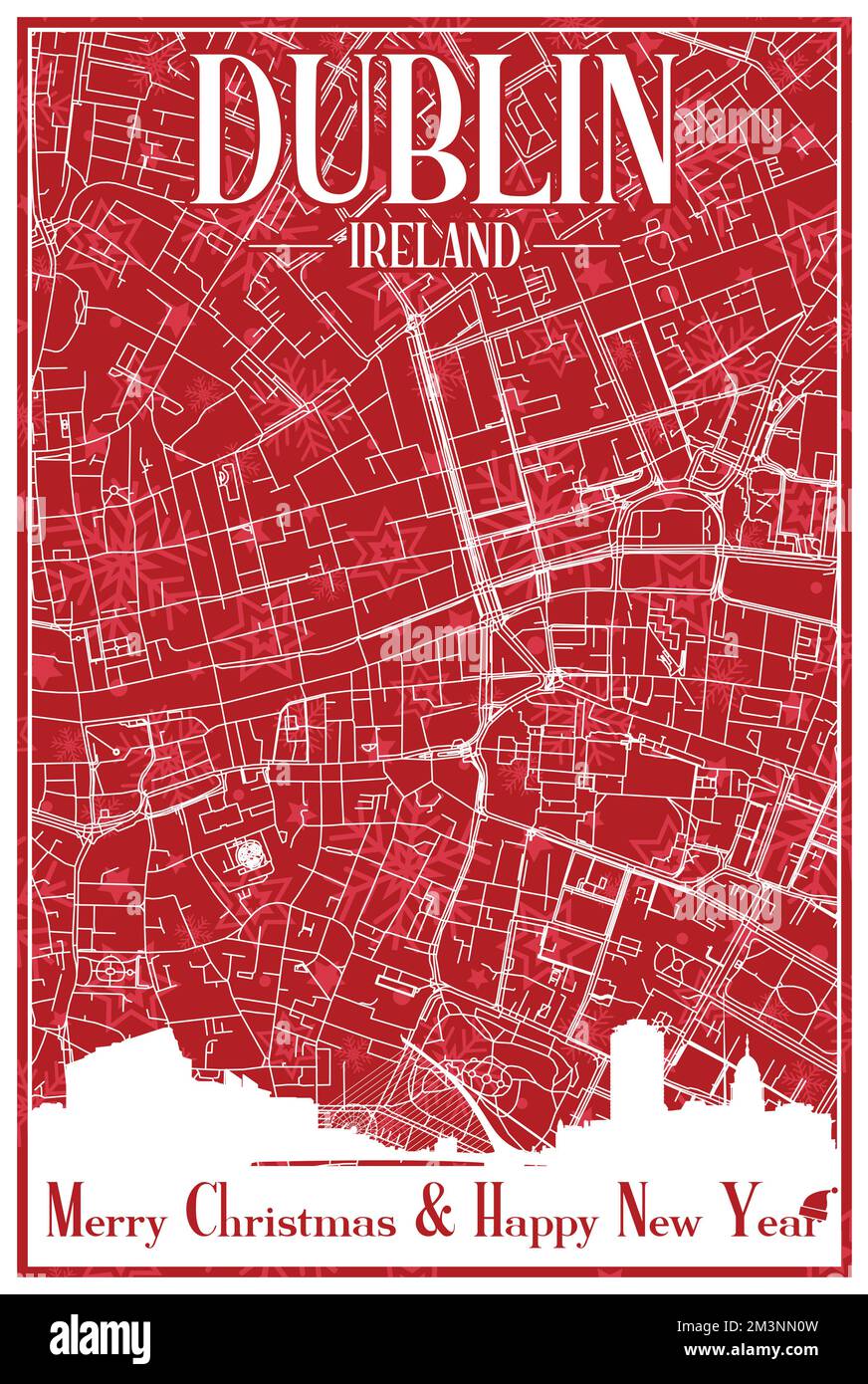 Red vintage hand-drawn Christmas postcard of the downtown DUBLIN ...