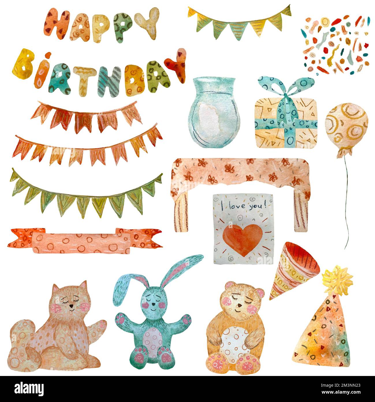 Toy happy birthday supplies textured a watercolor Stock Photo - Alamy