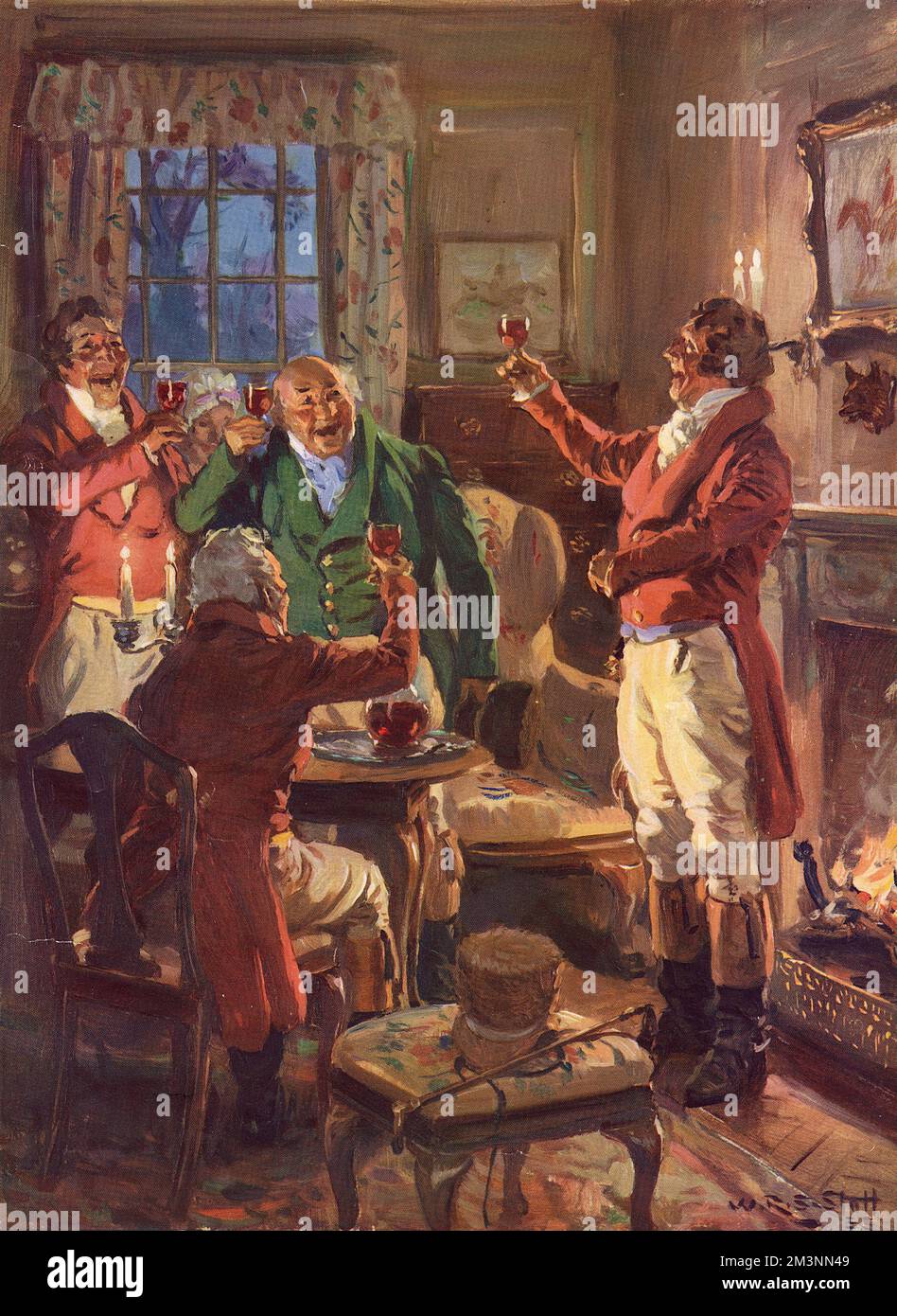 An early 19th century scene showing four jovial gentlemen raising a ...