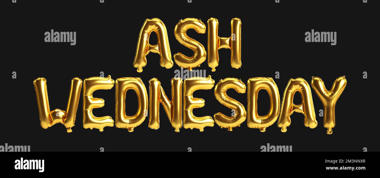 3d illustration of letter ash wedensday gold balloons isolated on ...