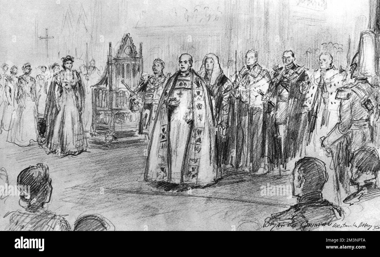 The ceremony of recognition with the Archbishop presenting the Queen to ...