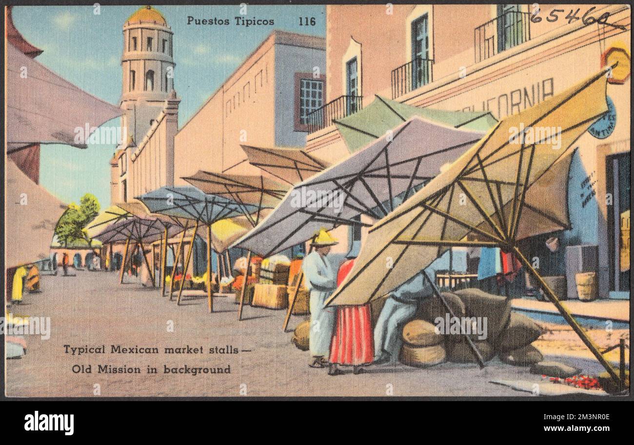 Puestos tipicos - Typical Mexican market stalls - old mission in background , Markets, Missions ...