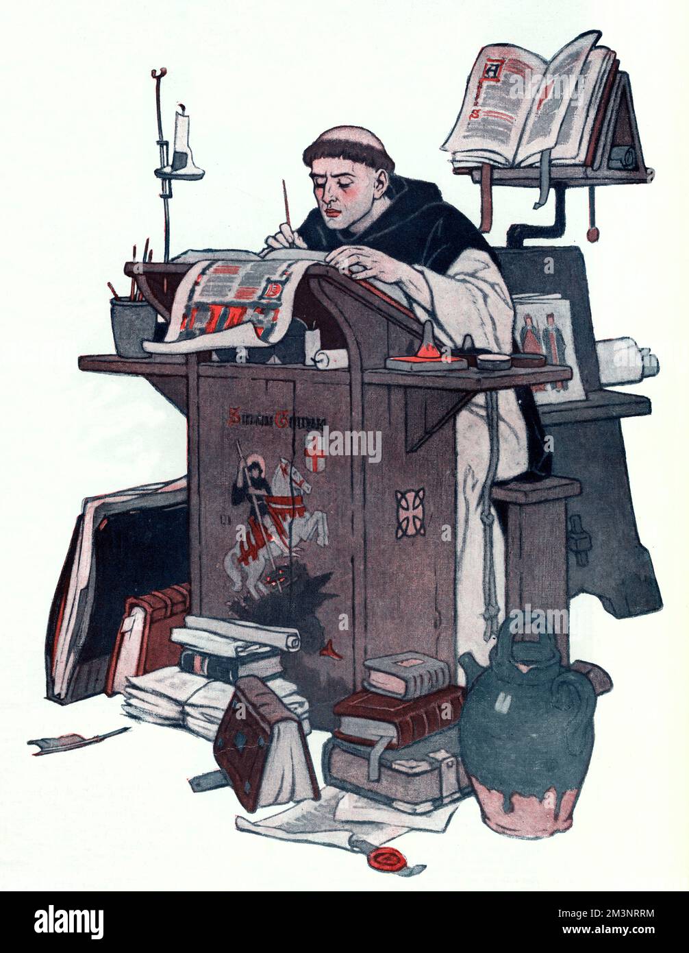 A medieval monk, sits at a desk surrounded by books as he works on an ...