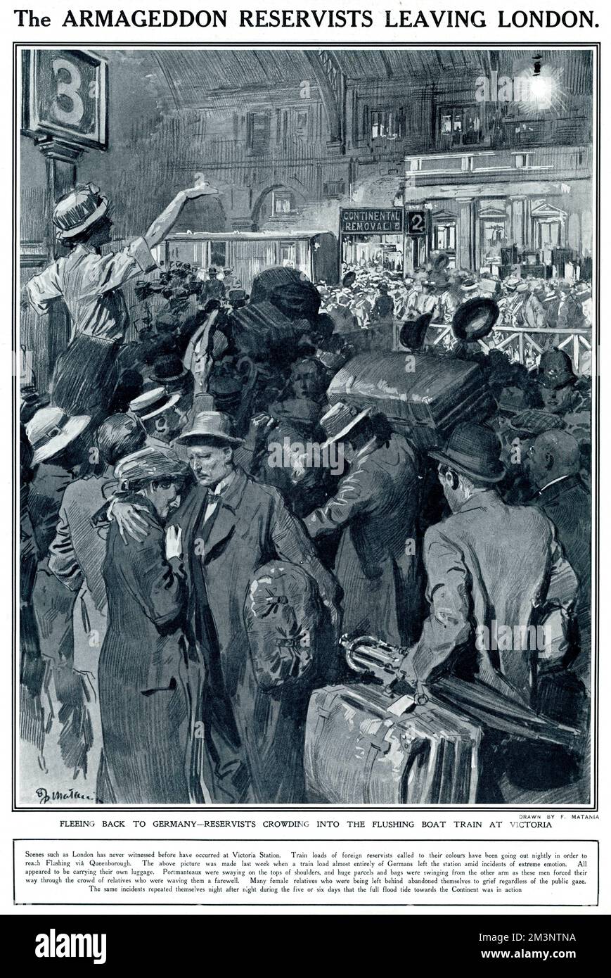 The Armageddon reservists leaving London, WW1, Matania Stock Photo - Alamy