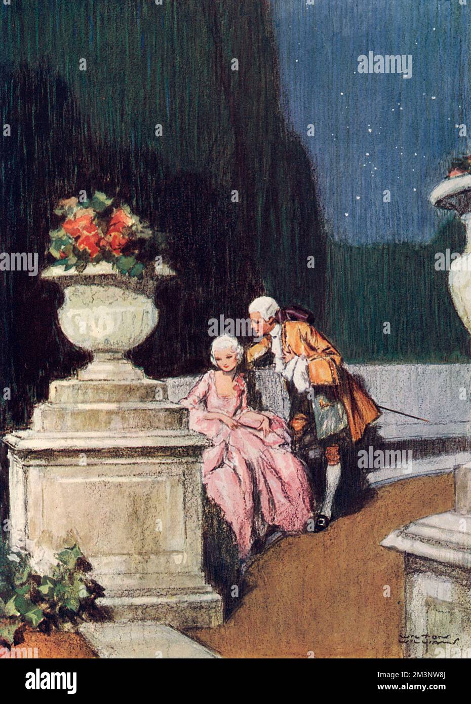 Twilight Scene With An 18th Century Couple Seated In A Garden Or On A Balcony With The Man