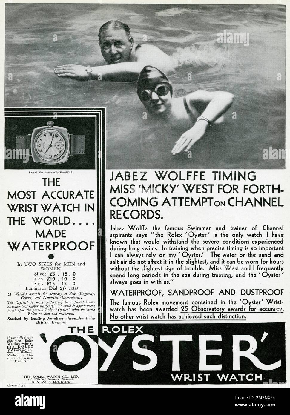 Advert for The Rolex Oyster waterproof wrist watch 1930 Stock Photo - Alamy