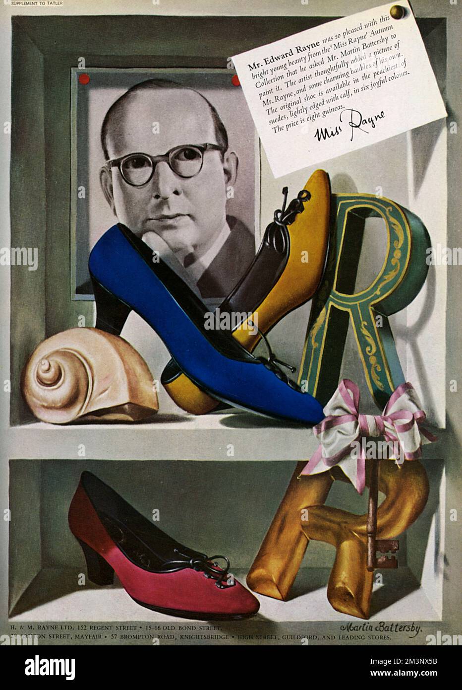 Advertisement for classic British shoe brand, Rayne showing a portrait ...