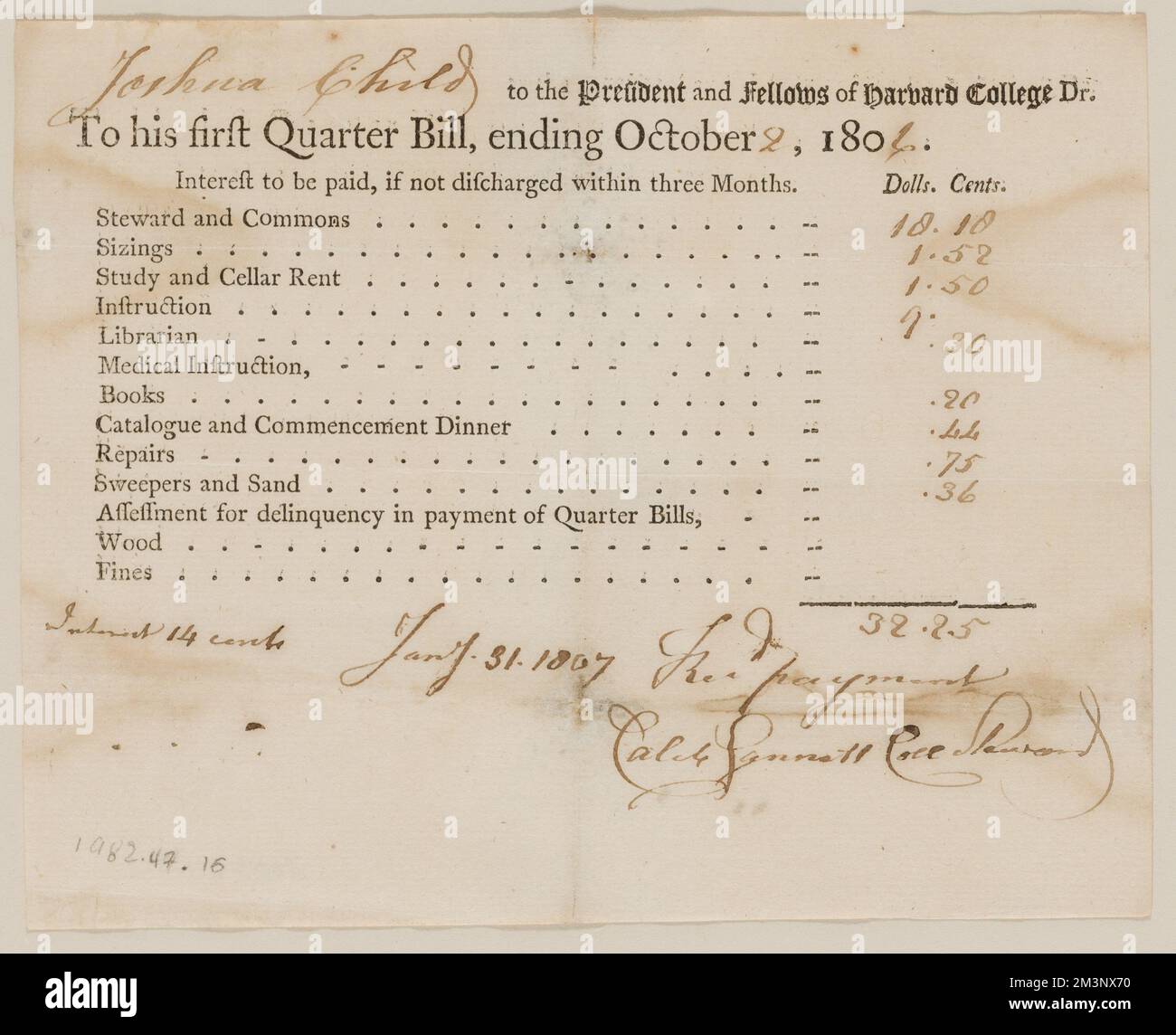 Quarter bill for expenses at Harvard College for Joshua Child , College ...