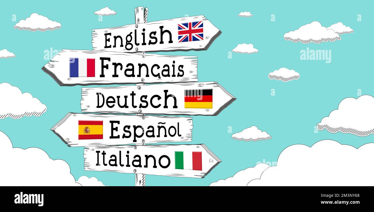 English, French, German, Spanish, Italian - outline signpost with five ...