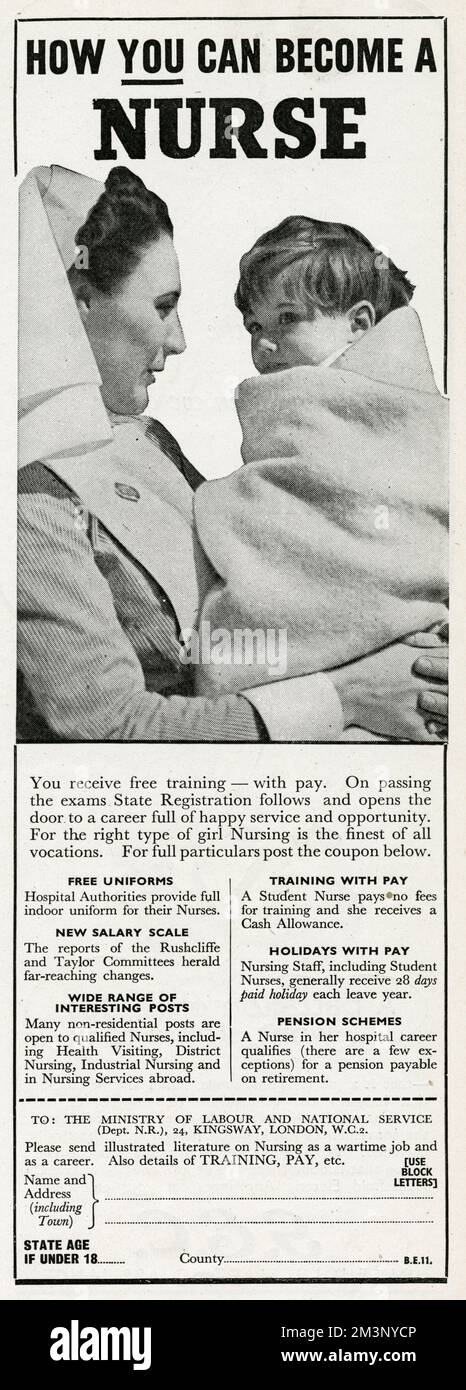 Advert for recruitment of nurses 1943 Stock Photo - Alamy