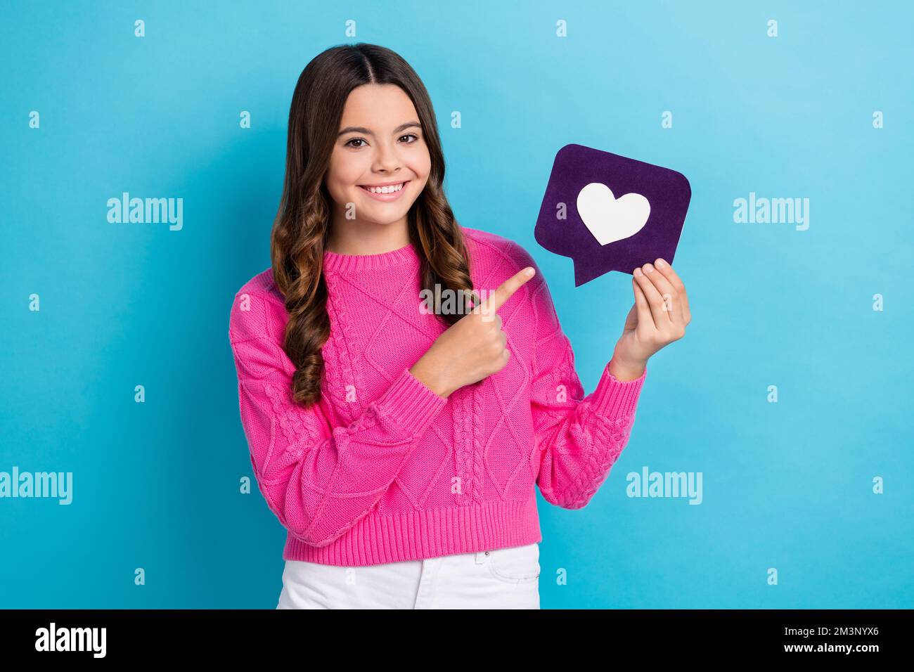 Photo of funny excited teen schoolgirl wavy hair wear pink jumper ...