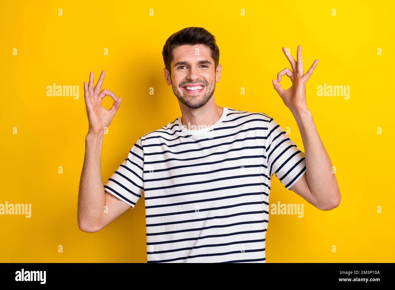 Portrait of positive person beaming smile arms fingers demonstrate okey ...