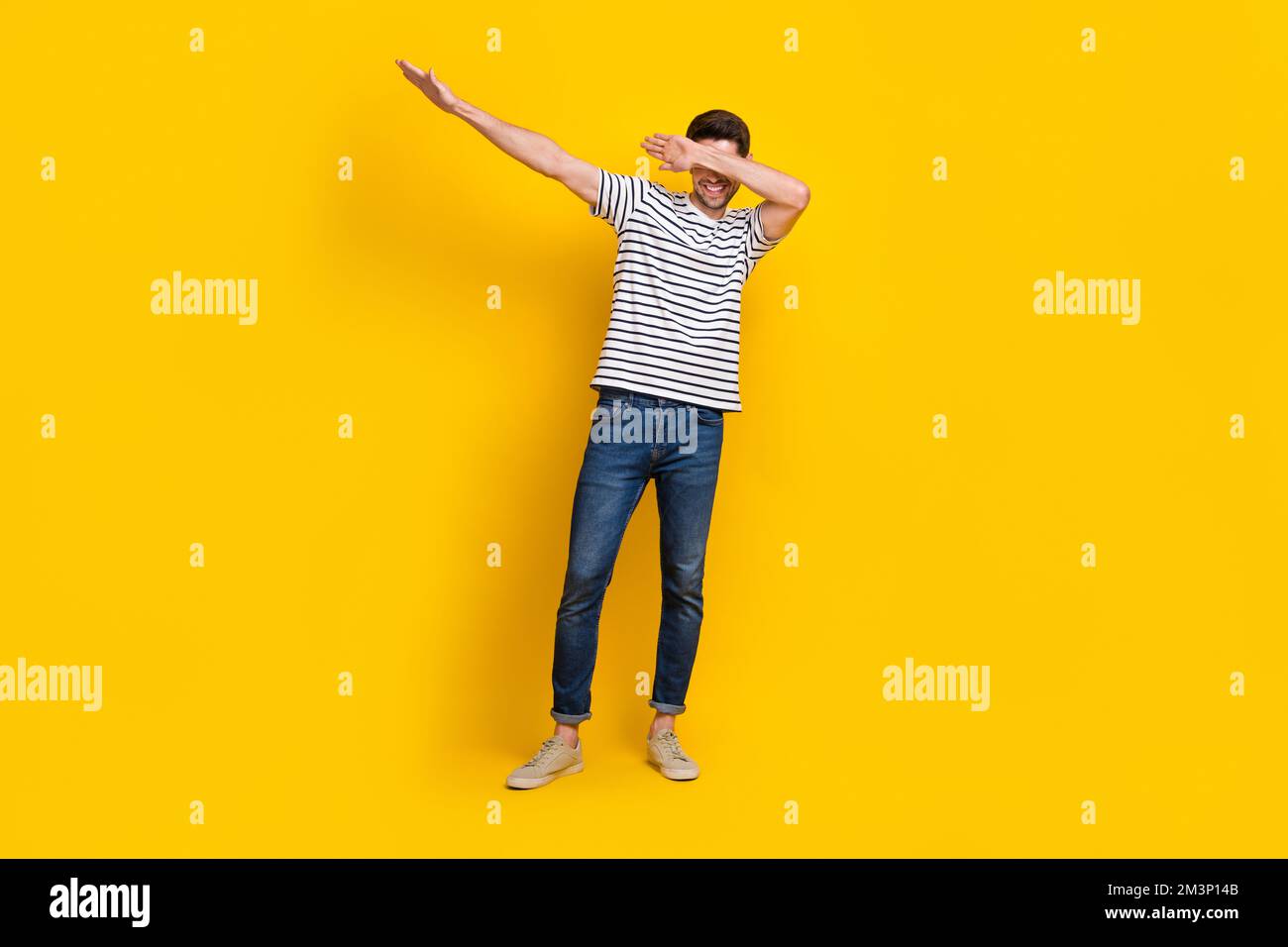 Full length photo of cool funky man wear white t-shirt dancing having ...