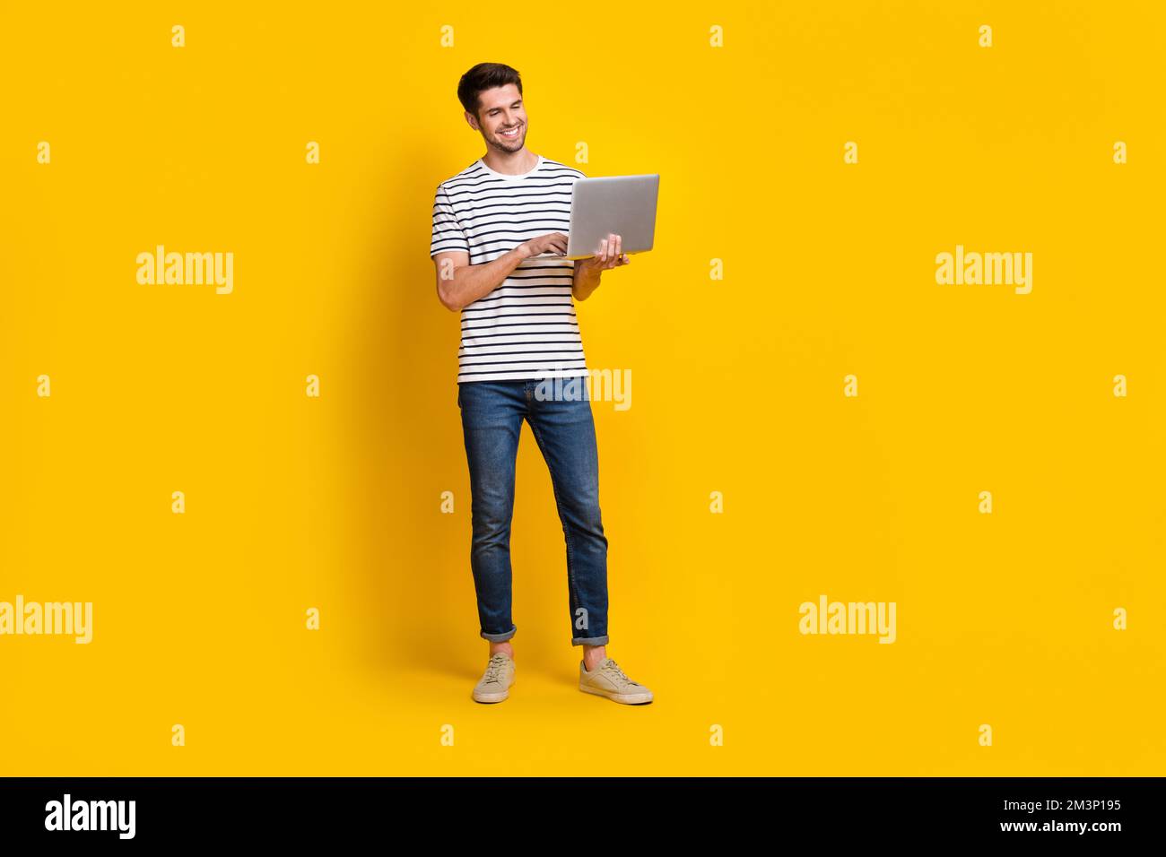 Full length photo of funny good mood man wear white t-shirt chatting ...