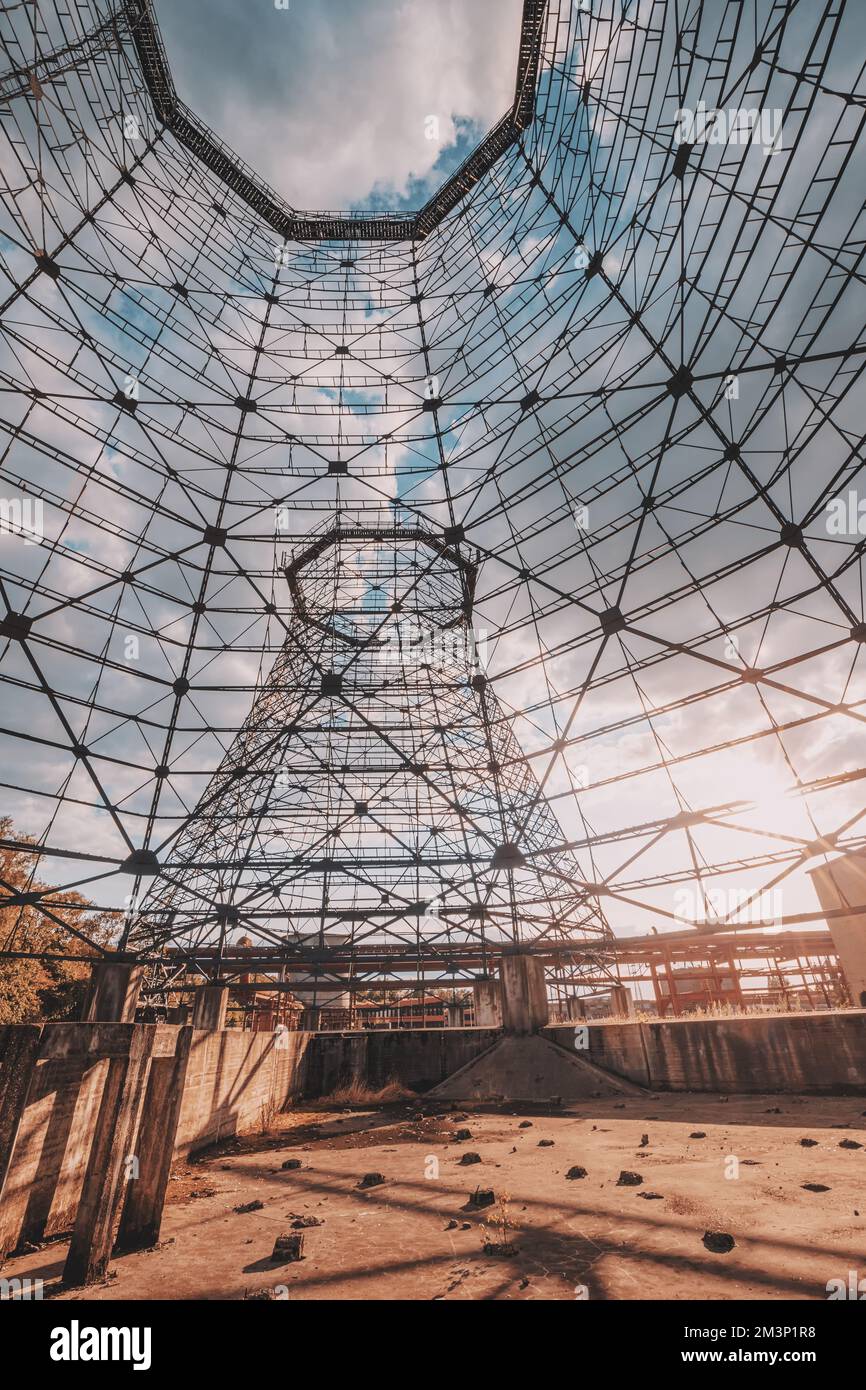 Frame of factory pipes at Unesco memorial renovated plant complex with ...