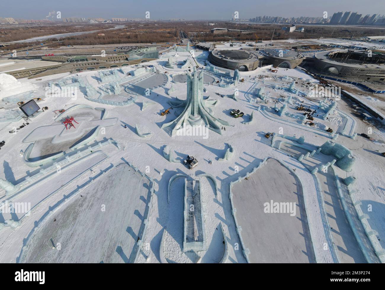 Aerial photos show the 24th Harbin Ice & Snow World in constructionin ...