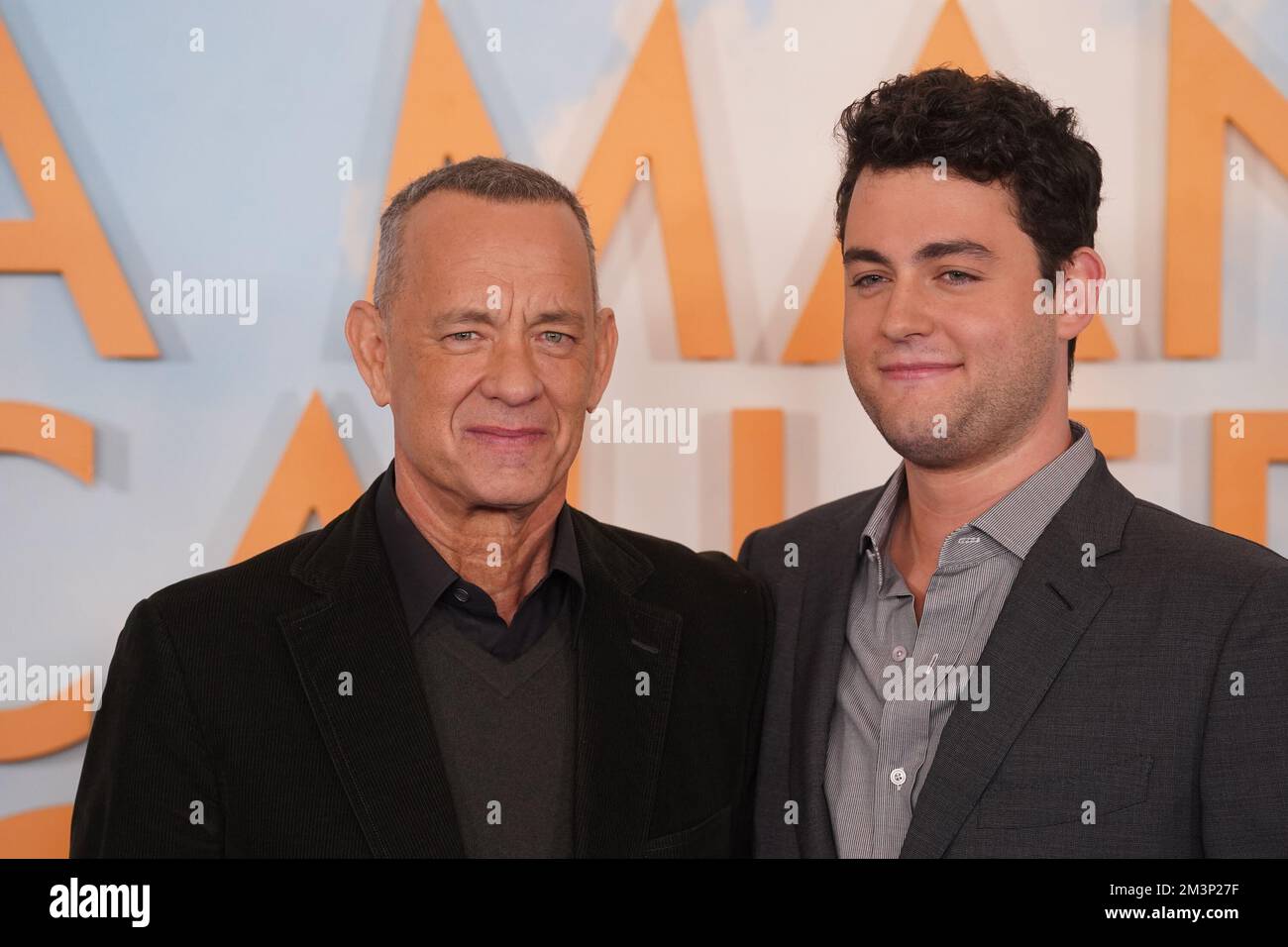 Tom Hanks (left) with his son, Truman Hanks, during a photocall for A ...
