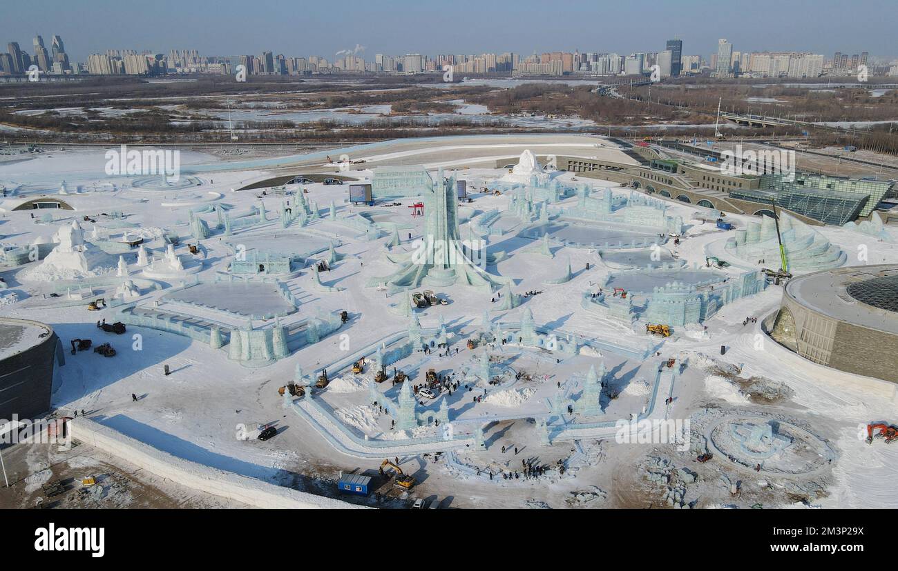 Aerial photos show the 24th Harbin Ice & Snow World in constructionin ...
