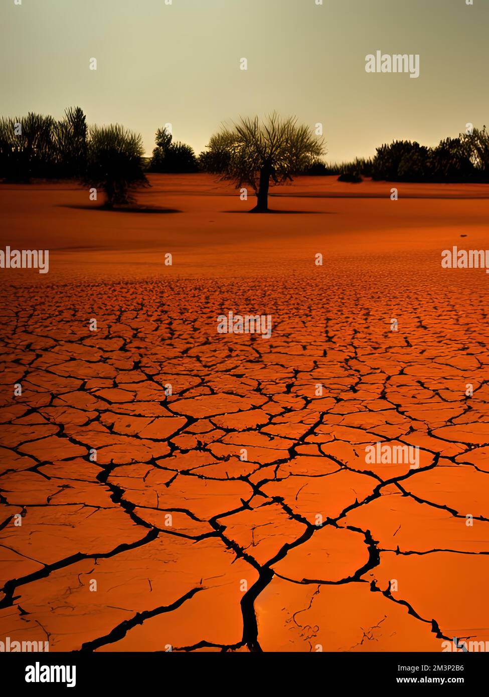 The vertical view of a dry cracked landscape before trees Stock Photo ...