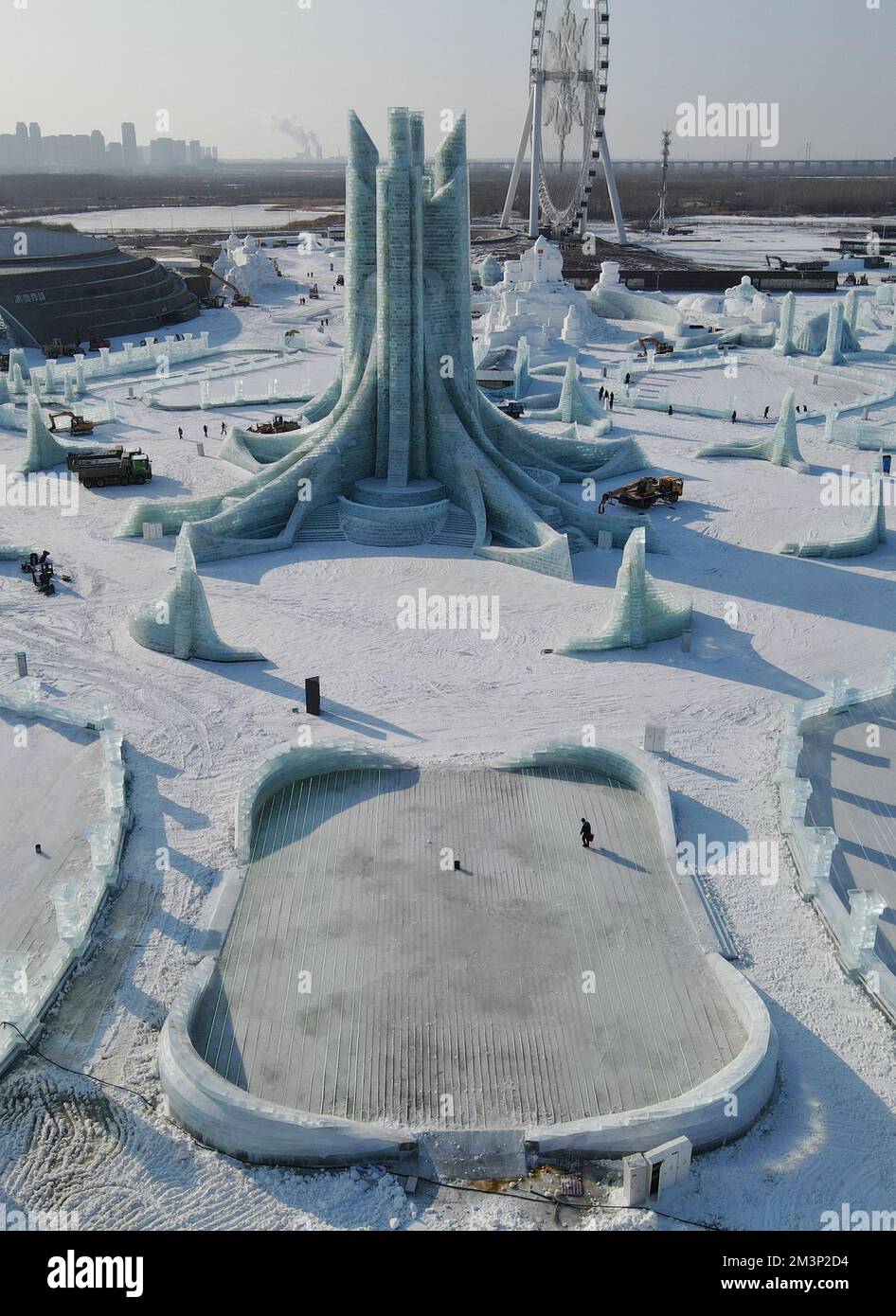 Aerial photos show the 24th Harbin Ice & Snow World in constructionin ...