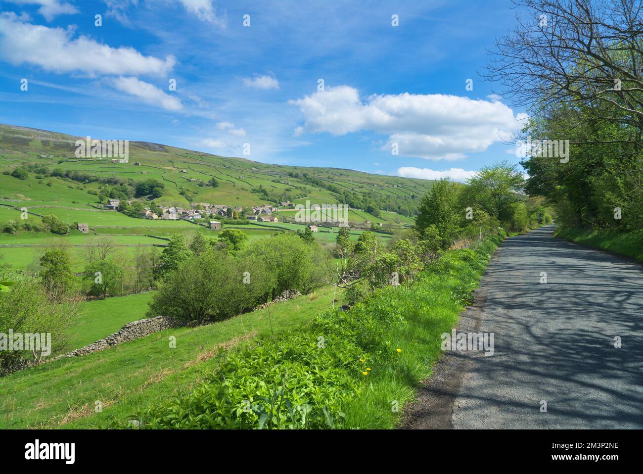 Looking south over Swaledale, at Gunnerside. Narrow Road. Barns and dry ...