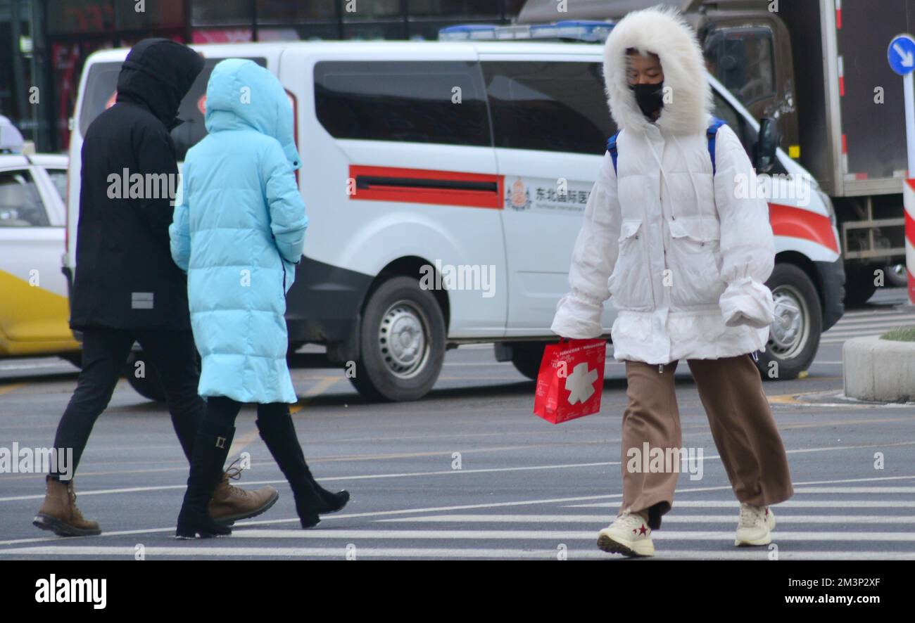 Citizens wearing thick clothes travel hard in snow, Shenyang City ...