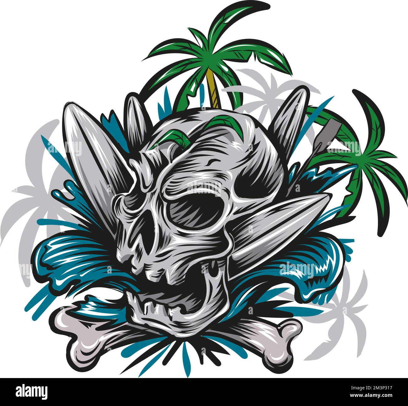 skull head on the beach with a surfboard. vector illustration Stock ...