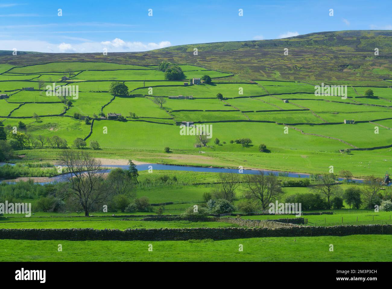 Looking south over Swaledale, and river Swale, from Reeth village, from ...