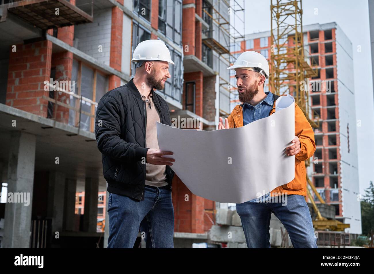 Bearded man in safety helmet holding architectural plan and talking ...
