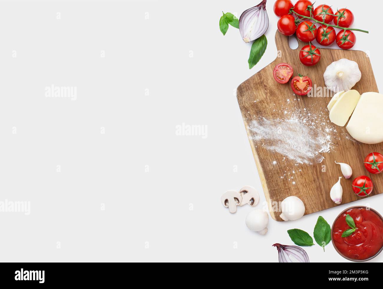 culinary background for cooking pizza. Wooden board and vegetables on ...