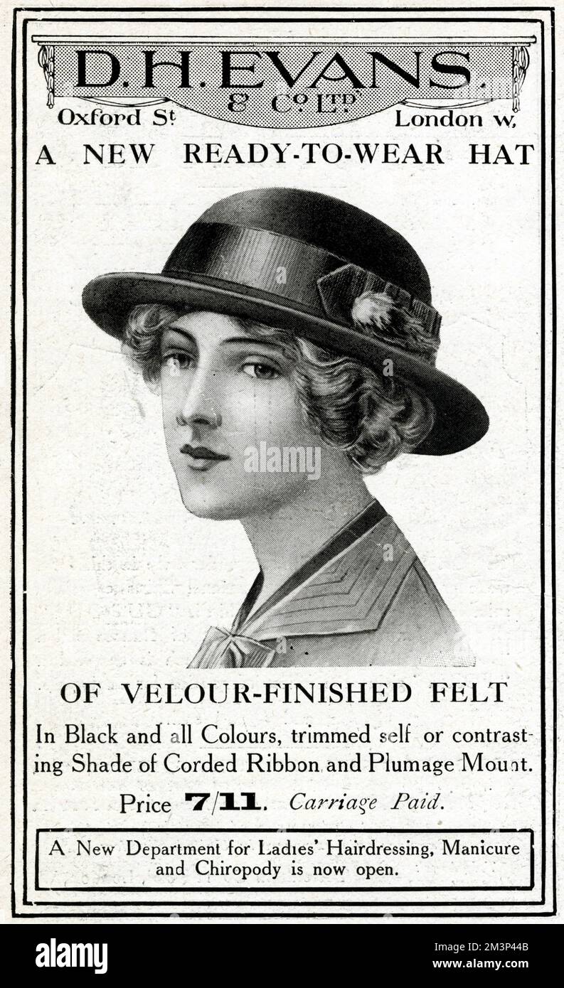Advert for D. H Evans ready-to-wear felt hat 1914 Stock Photo - Alamy
