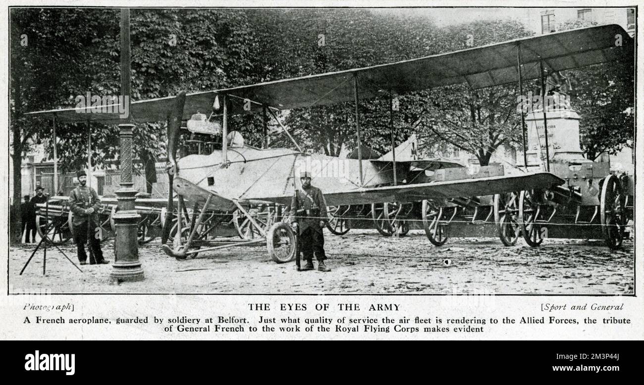 A French biplane being guarded at Belfort, north east France, in the ...