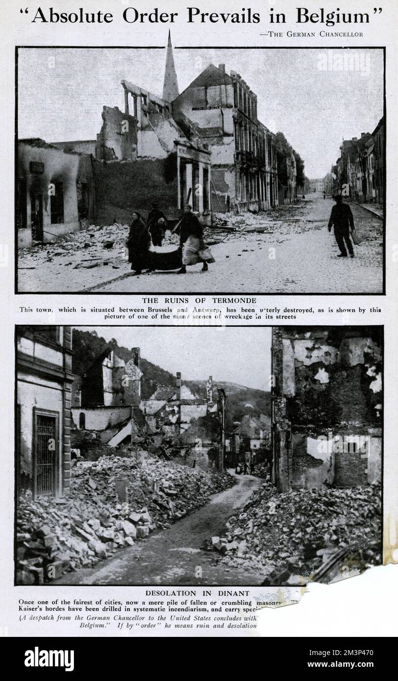Ruins in Termonde (Dendermonde) and Dinant, Belgium, after the German ...