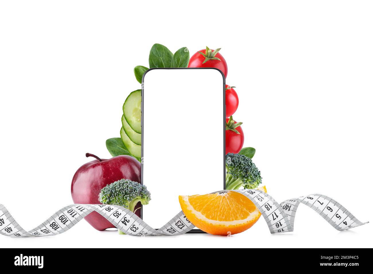 healthy food and beauty concept. Smartphone and fruits with vegetables ...