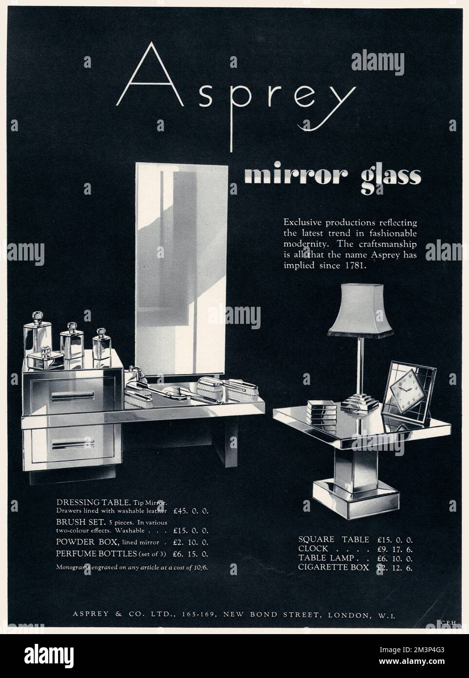Advert for Asprey mirror glass bedroom furniture 1934 Stock Photo - Alamy