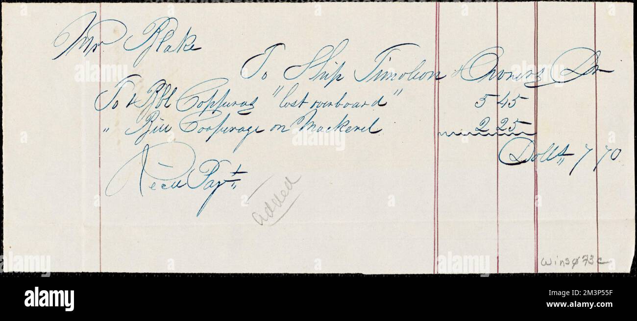 Receipt for items lost overboard , Lost articles, Timoleon Ship ...