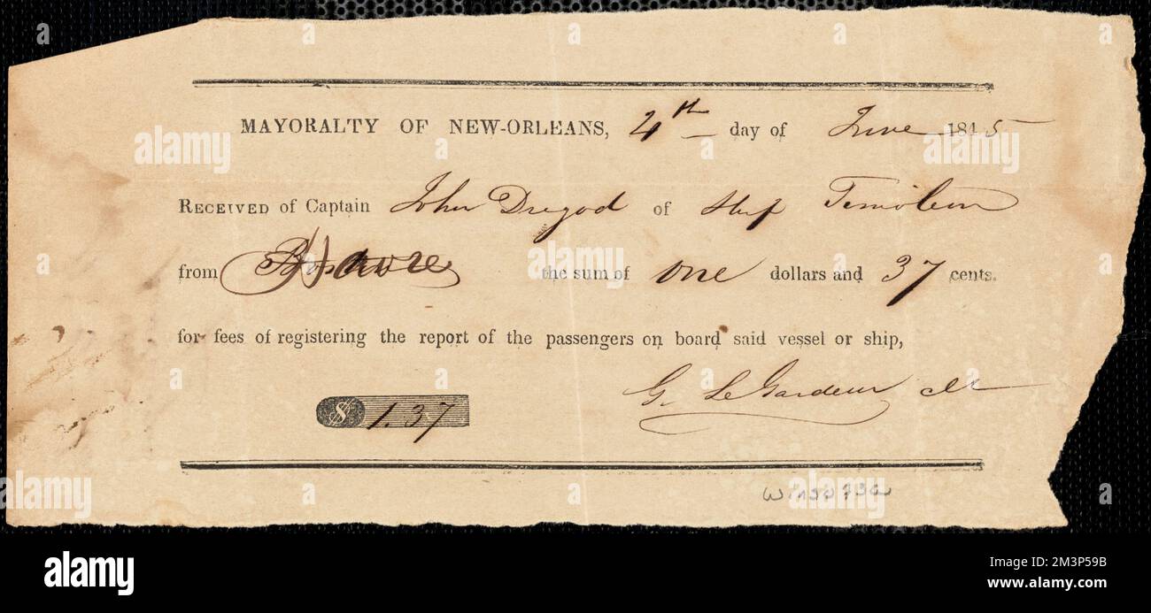 Receipt from Mayoralty of New Orleans for registering the report of ...