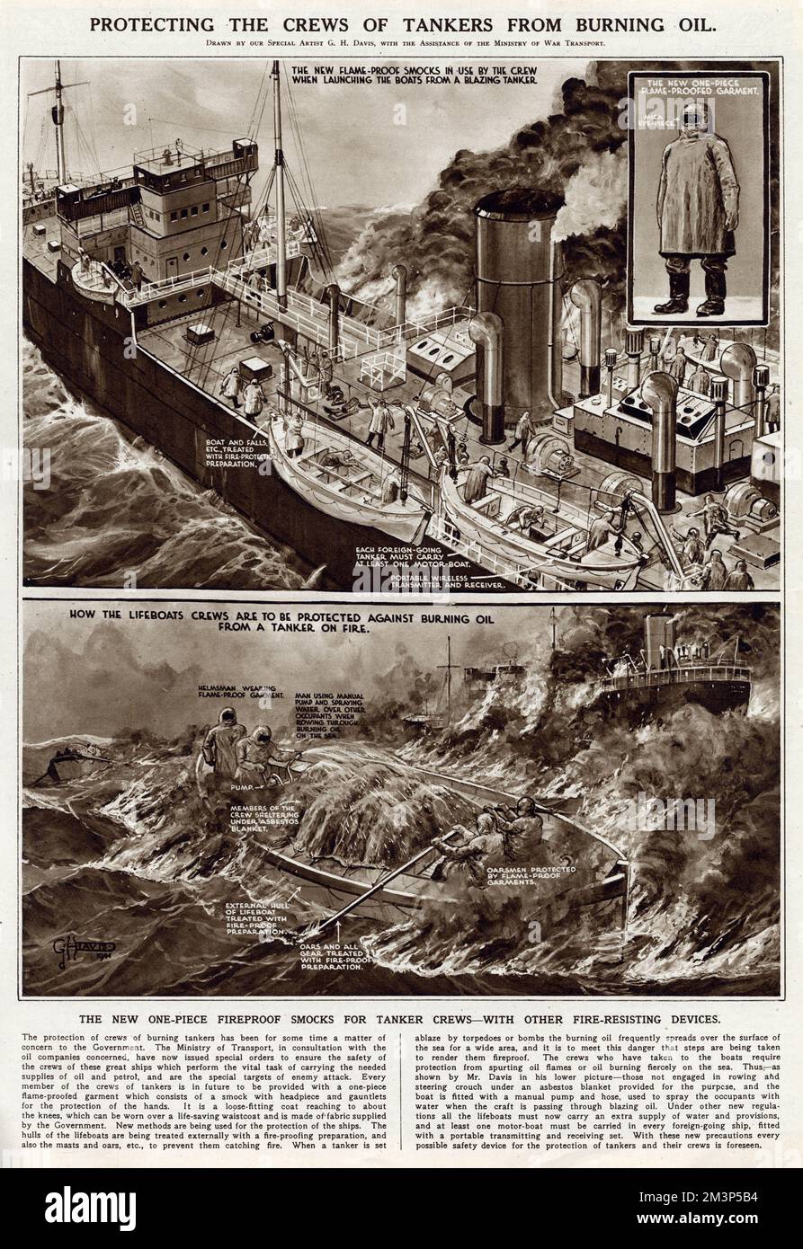 Protecting crews from burning oil by G. H. Davis Stock Photo - Alamy