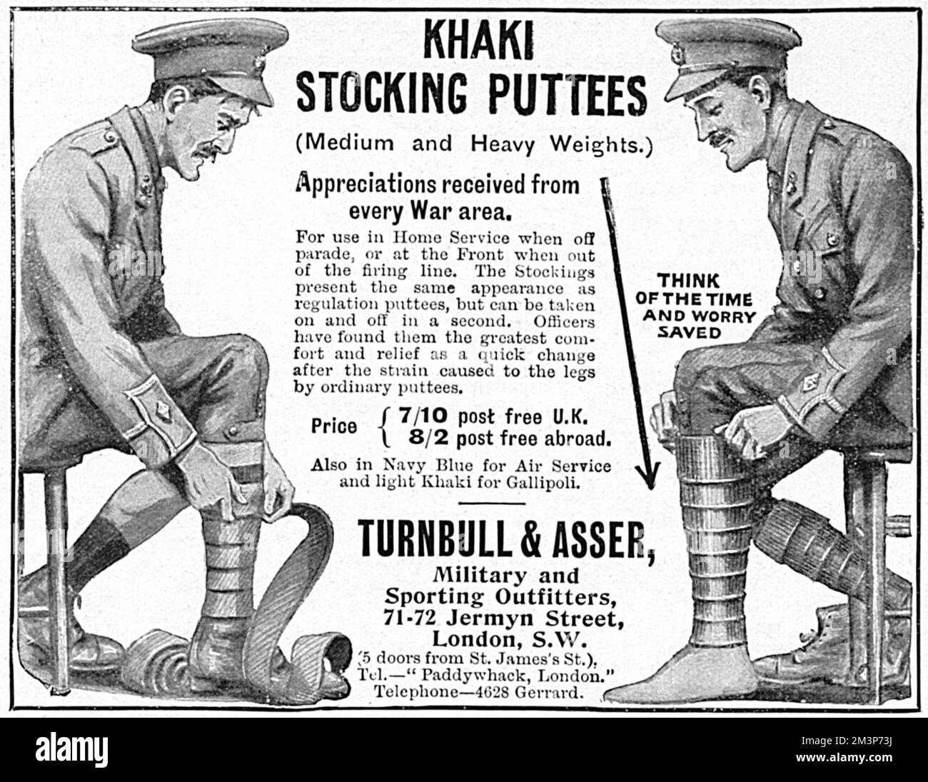 Advertisement for khaki stocking puttees in medium and heavy weights ...