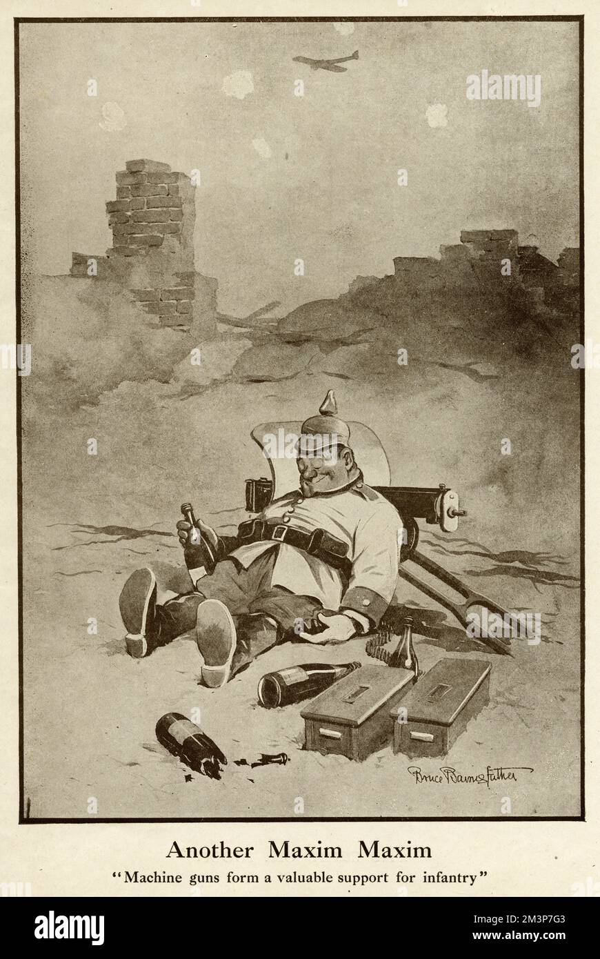 A cartoon by Bruce Bairnsfather, with a German soldier dozing happily ...