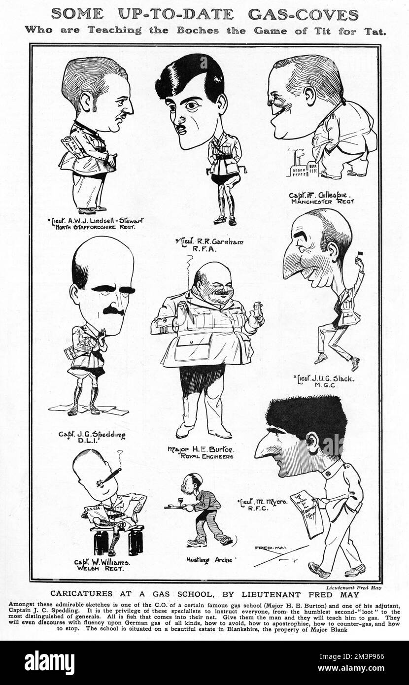 Caricatures at a gas school by Lieut. Fred May, WW1 Stock Photo - Alamy