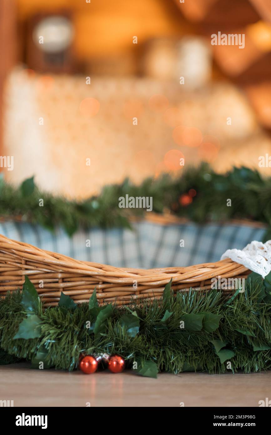Christmas basket with Christmas tree and lanterns. Nativity scene ...