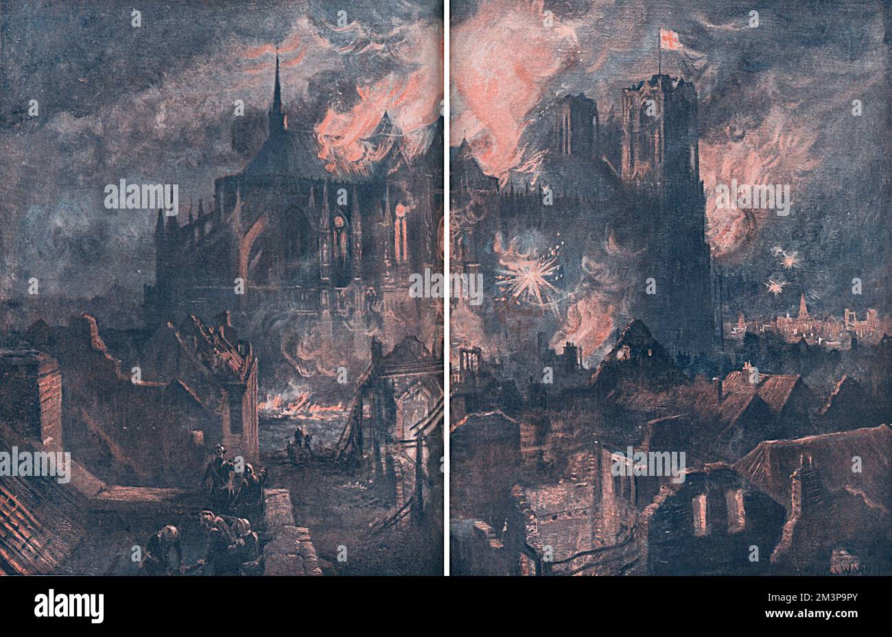 The burning of Reims Cathedral in France after severe bombardment by ...