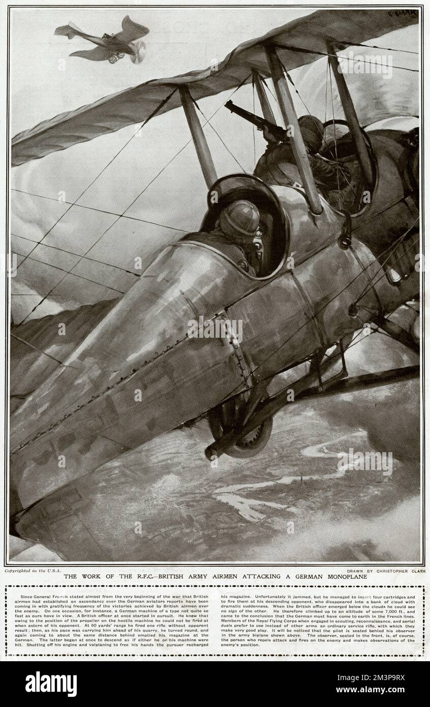 British army airmen of the Royal Flying Corps attacking a German ...
